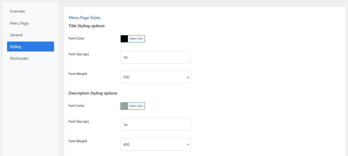 Styling Settings - MenuMaster - Modern and Interactive Restaurant Menu Plugin with WooCommerce